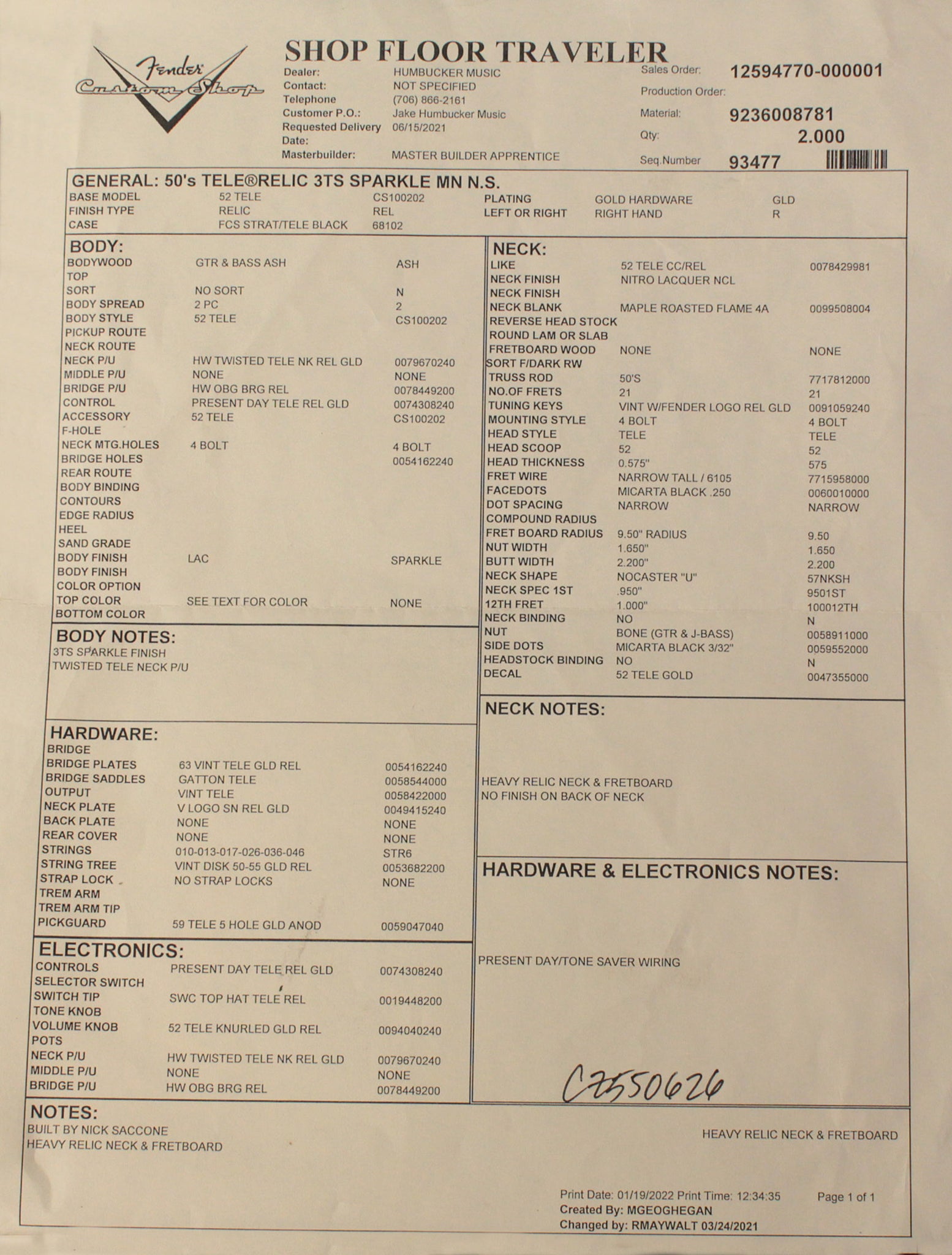 Fender Custom Shop 50's Tele, Relic, Masterbuilt Apprentice Nick Sacco ...