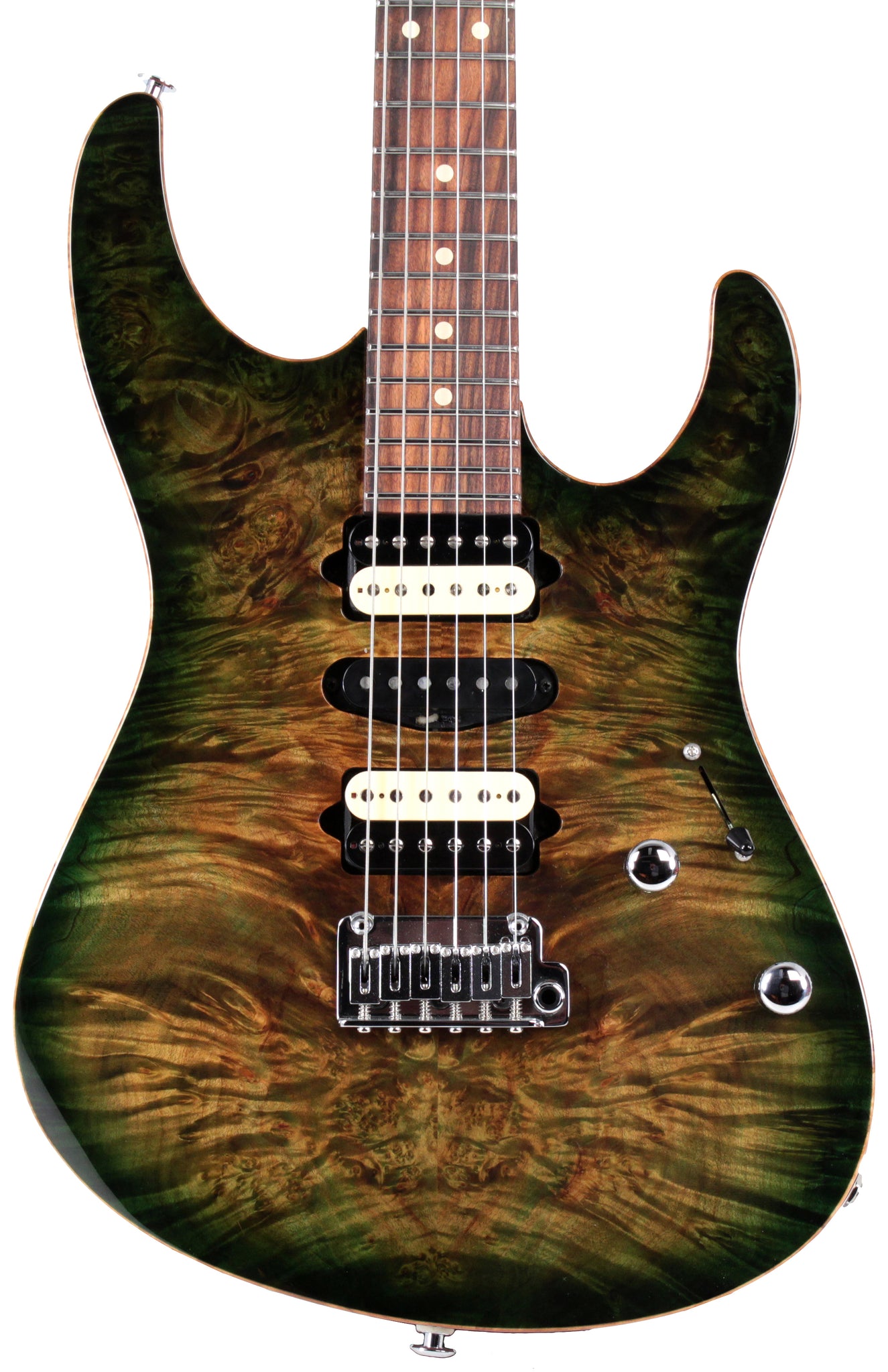Suhr Modern Select Mahogany Guitar, Trans Green, Burl | Humbucker Music