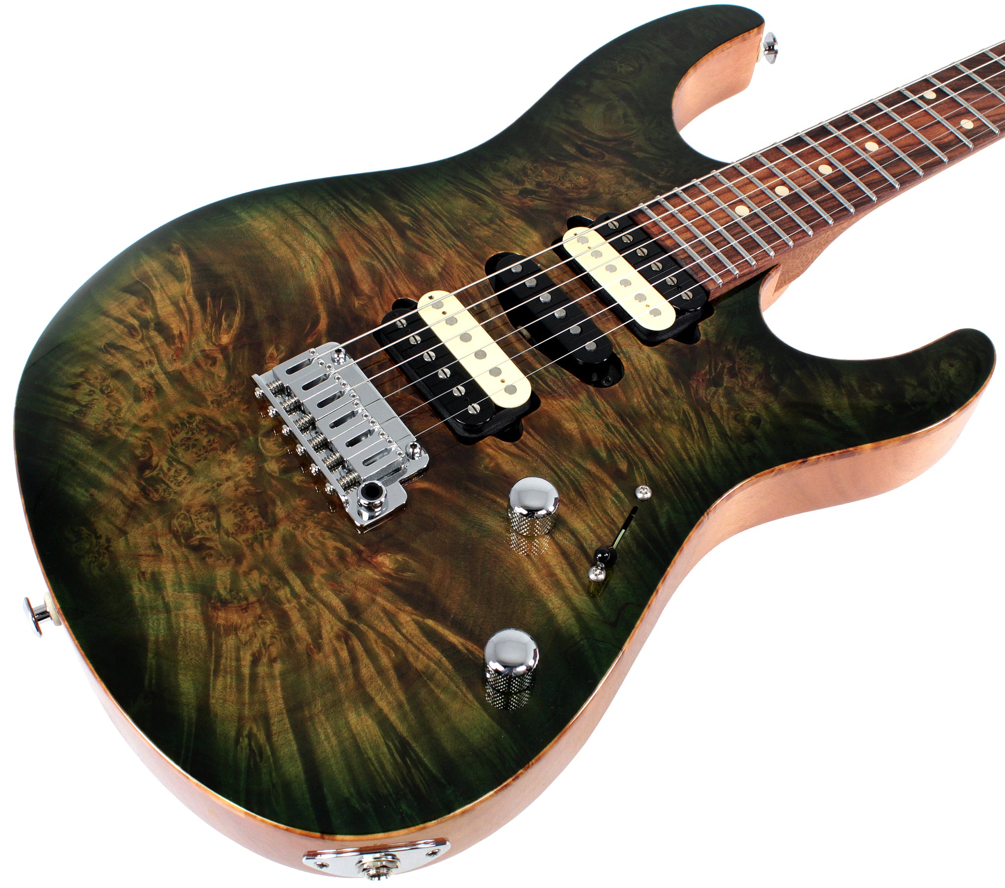 Suhr Modern Select Mahogany Guitar, Trans Green, Burl | Humbucker Music