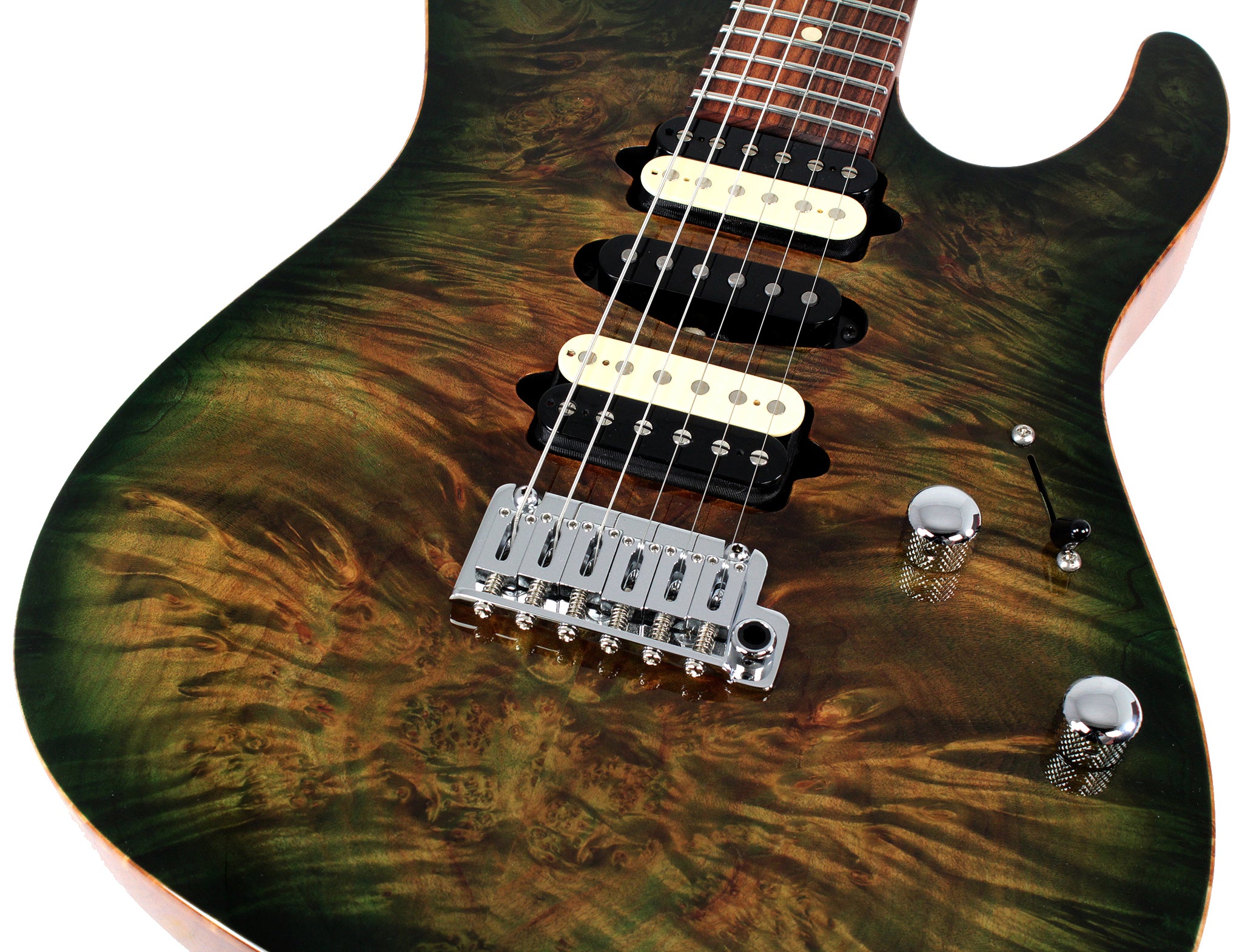 Suhr Modern Select Mahogany Guitar, Trans Green, Burl | Humbucker Music